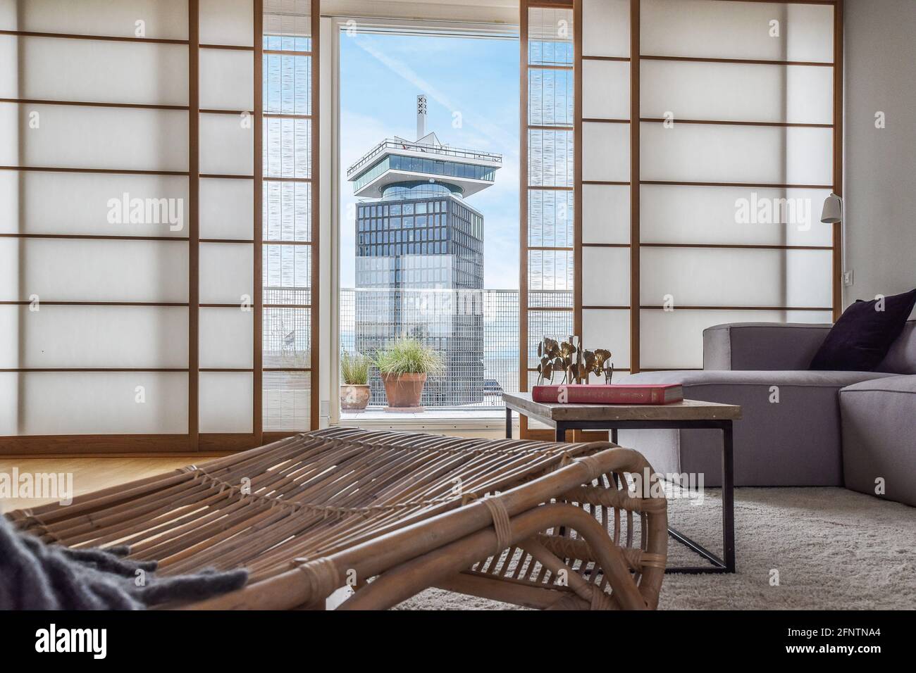 Modern living room with comfortable furniture and view of high rise ...