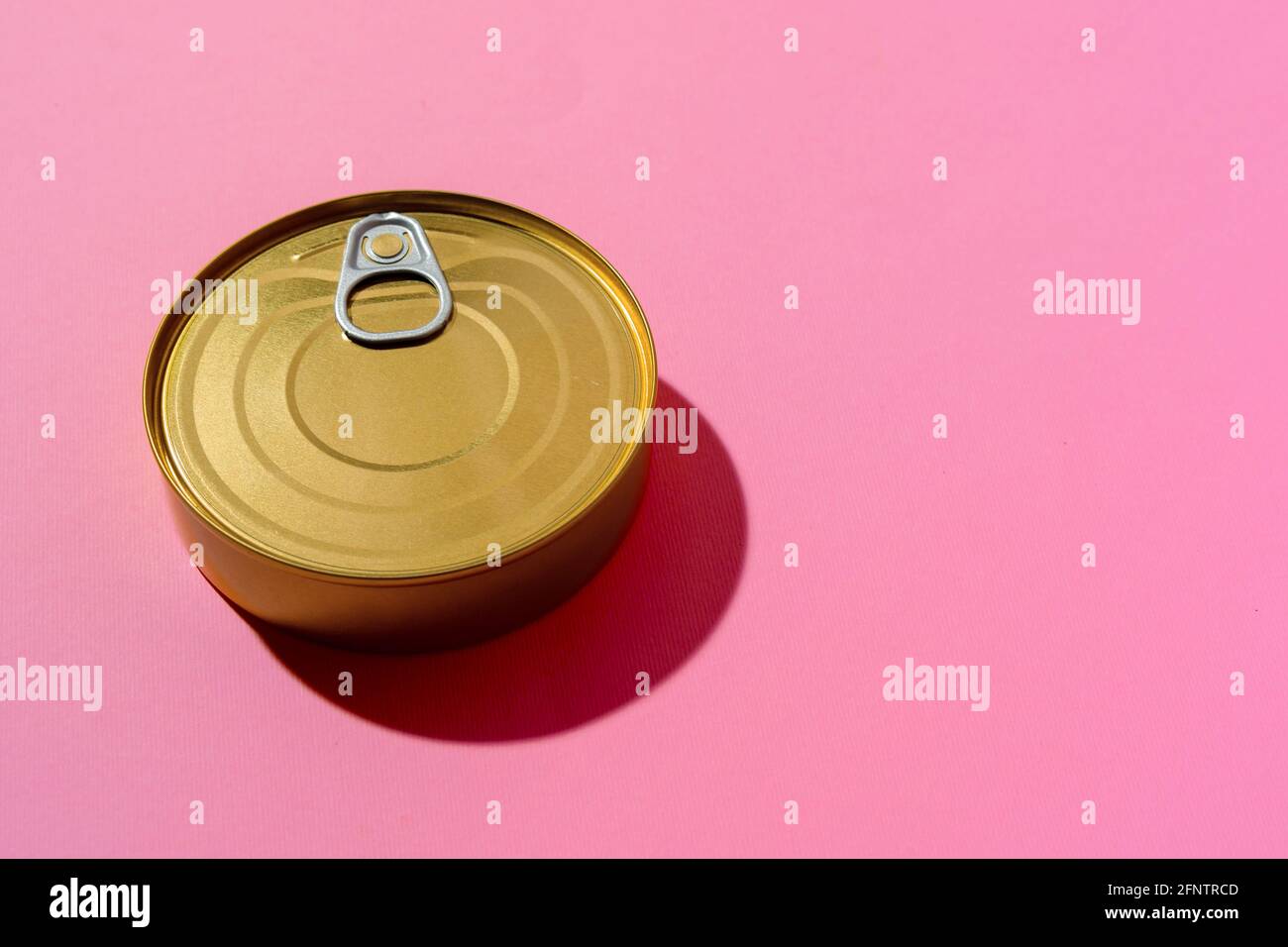Canned food tin on pink studio background Stock Photo - Alamy