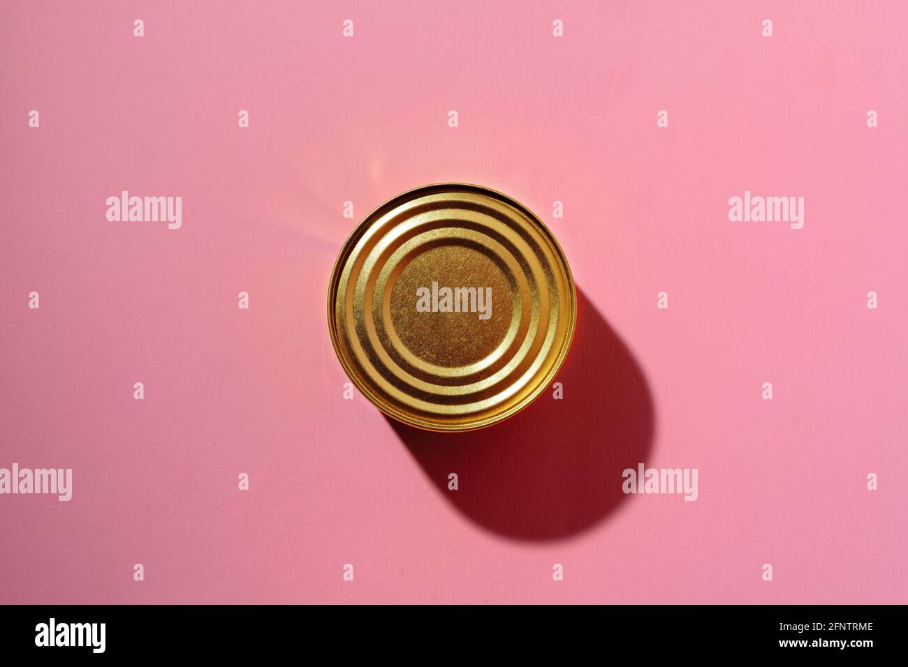 Canned food tin on pink studio background Stock Photo - Alamy