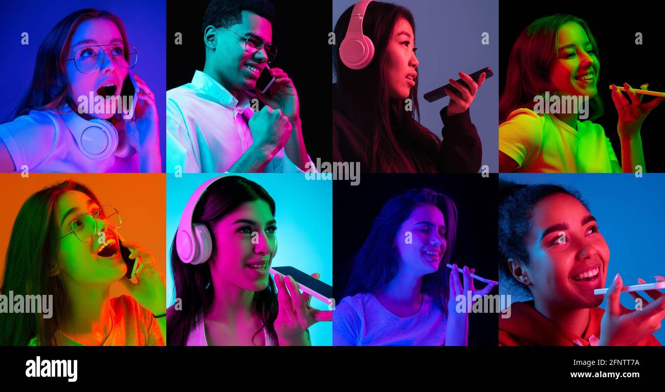 Portraits of group of people on multicolored background in neon light ...
