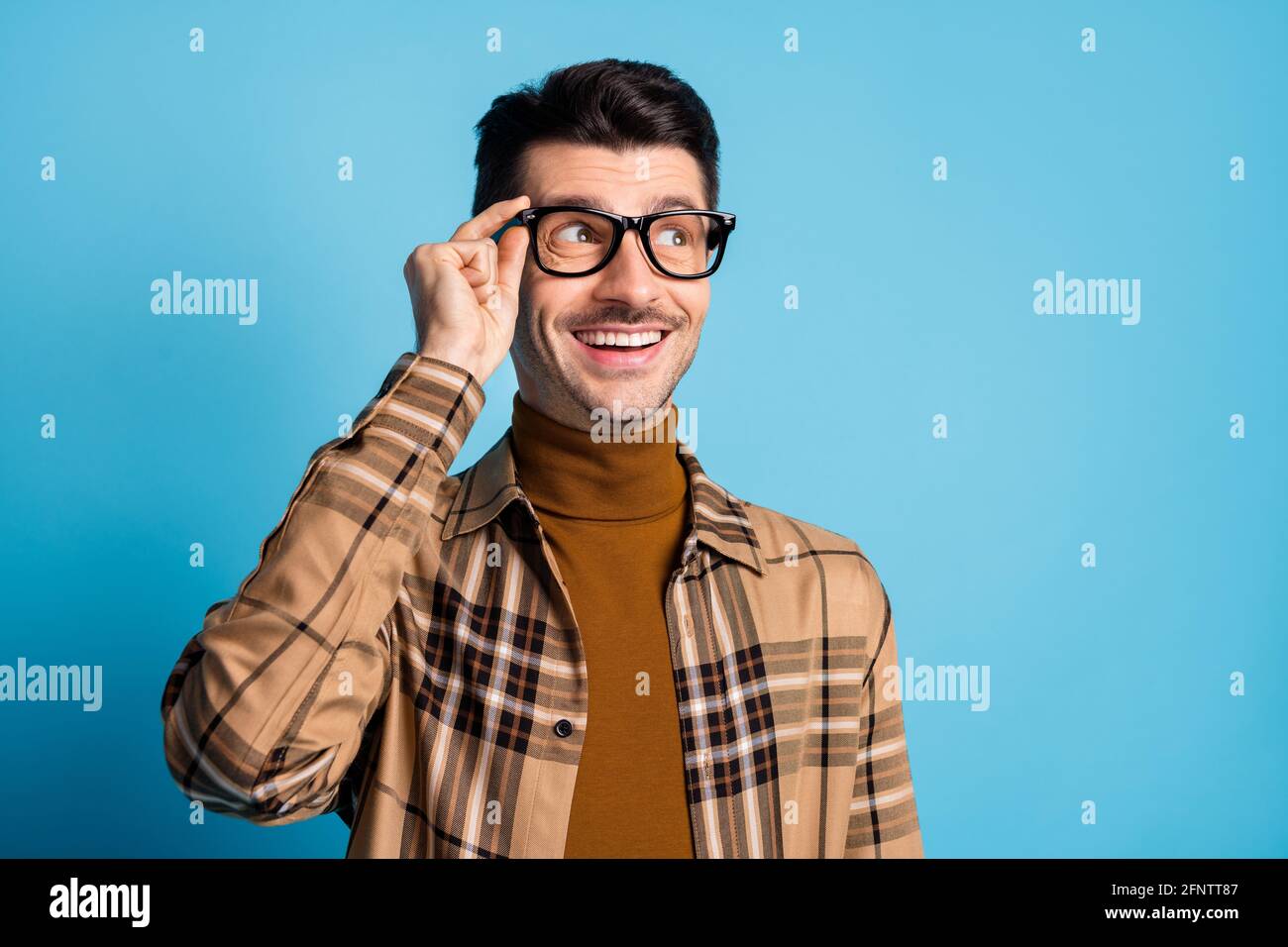 Photo of young happy positive good mood smiling dreamy man thinking ...