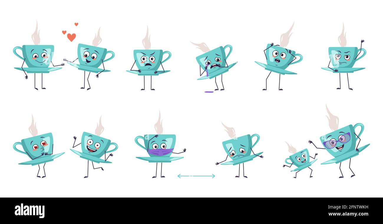 Set of cute characters teacup and saucer with emotions, face, arms and ...