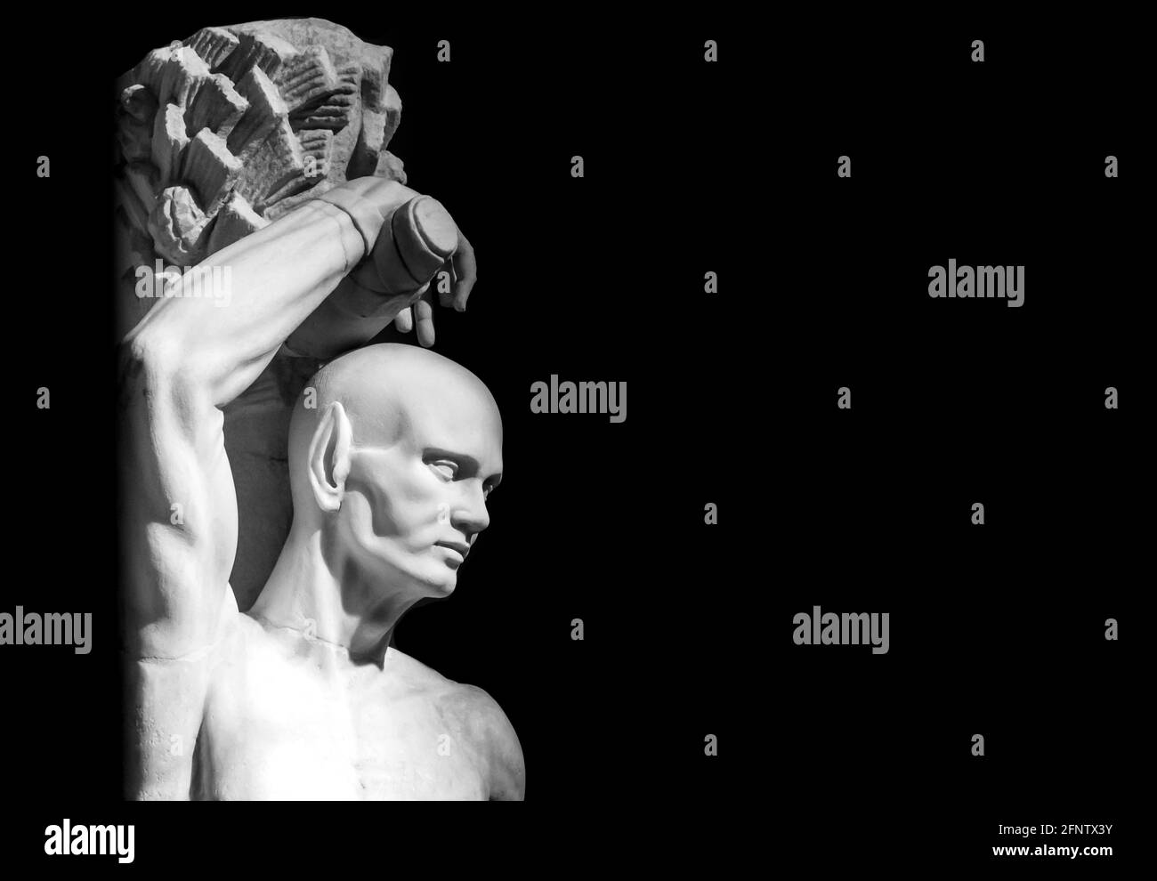 Black and white photo showing in detail ancient roman sculpture of bold ...