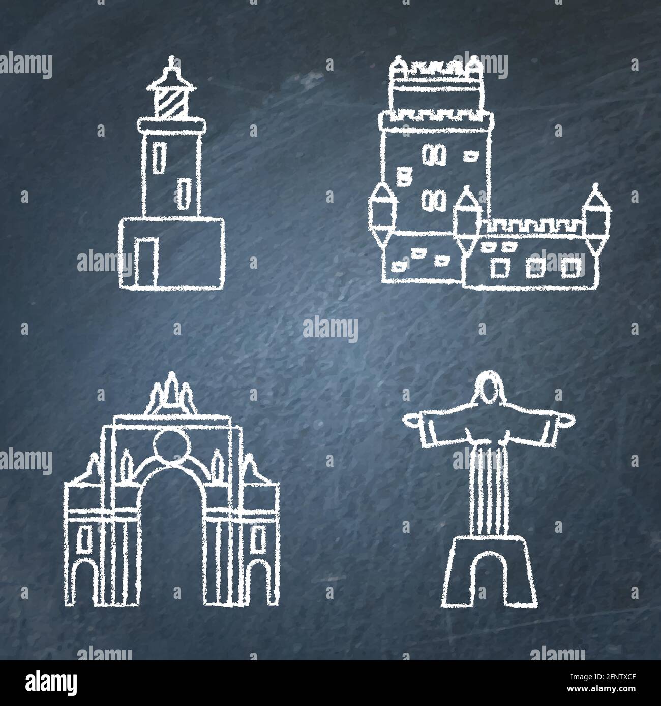 Collection of Portugal icons on chalkboard. Architecture symbols set ...