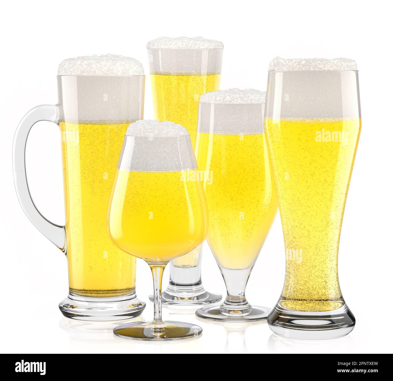 Set of fresh light beer glasses with bubble froth isolated on white ...