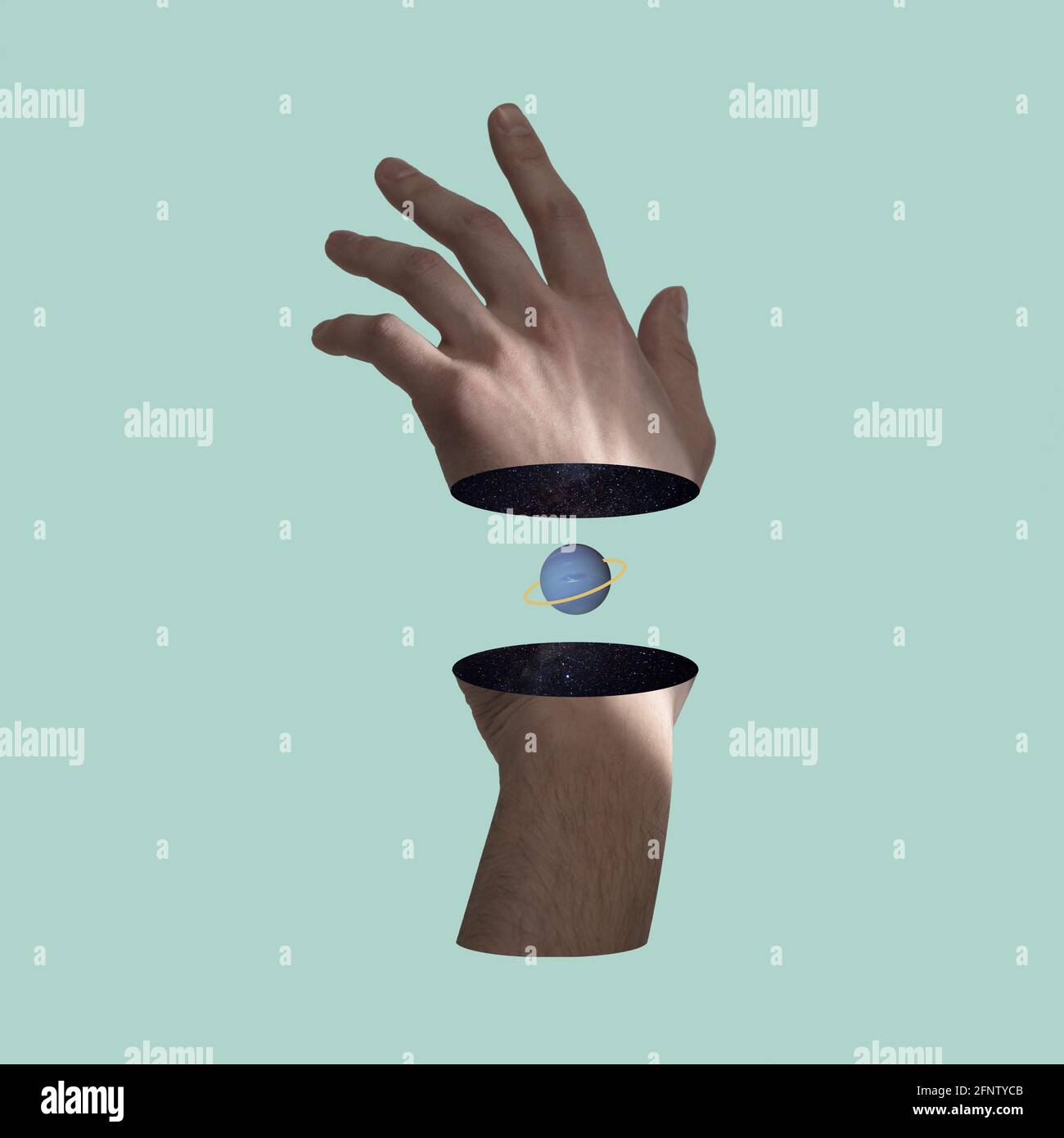 Contemporary art collage with human hand in a surreal style Stock Photo ...