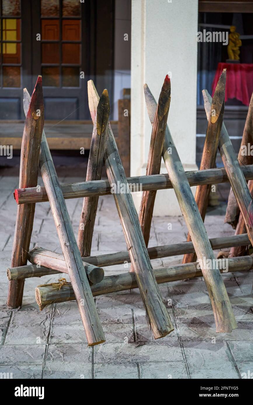 Road barrier device of wooden piles Stock Photo - Alamy
