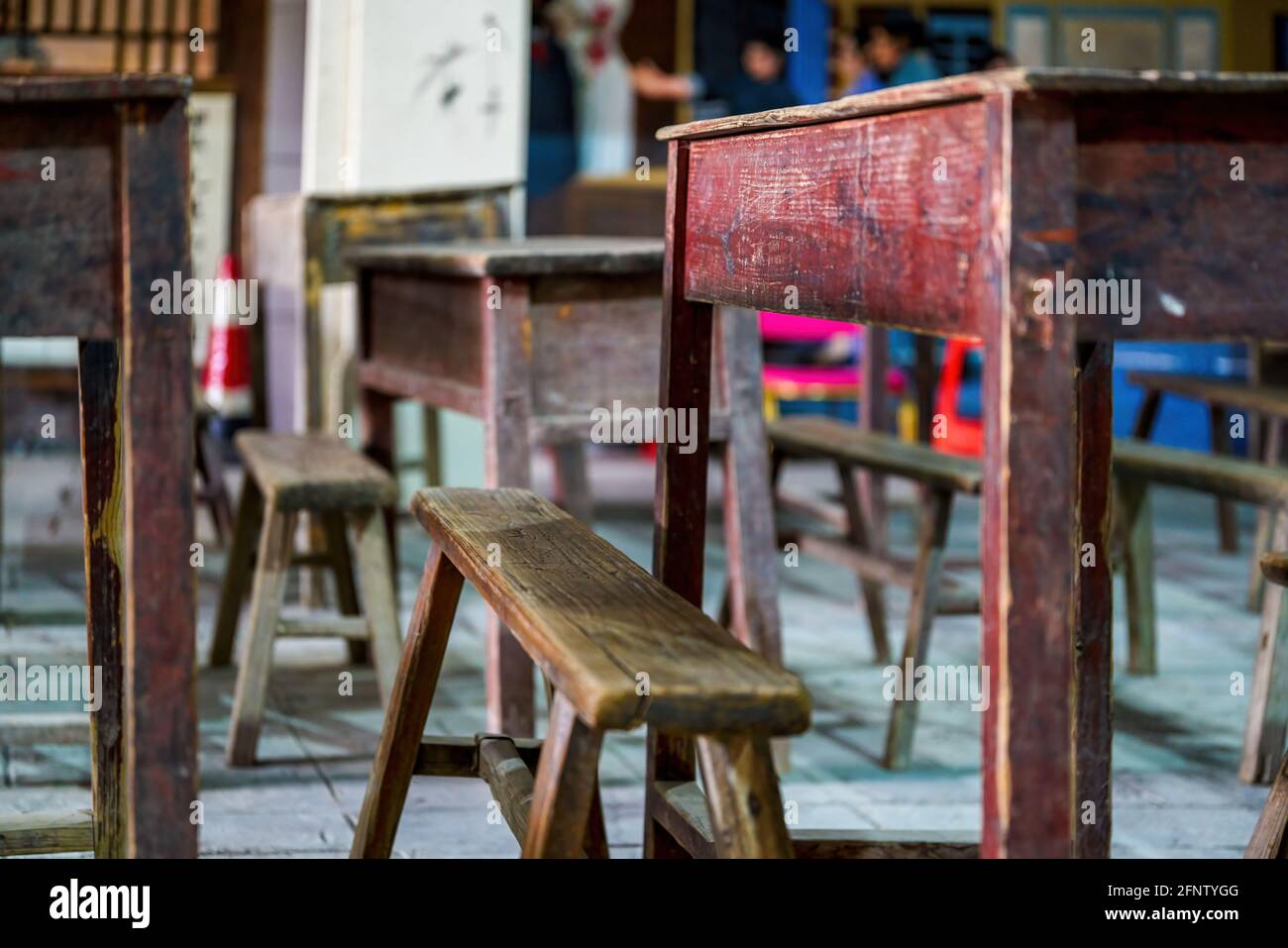 Close-up of desks and chairs in school classrooms in poor areas Stock ...