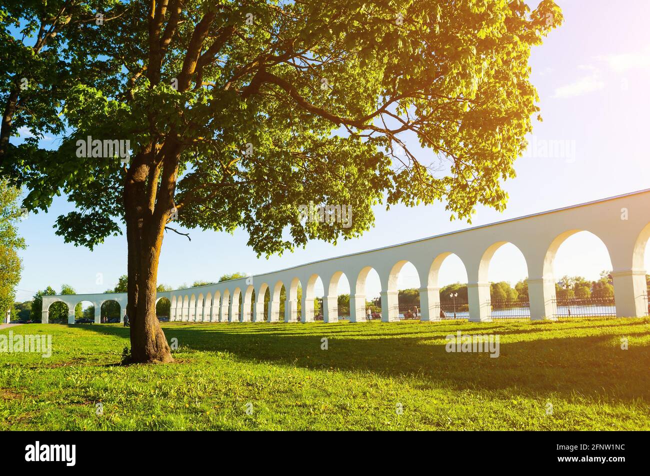 Architecture landscape with arcade of the medieval Yaroslav's courtyard ...