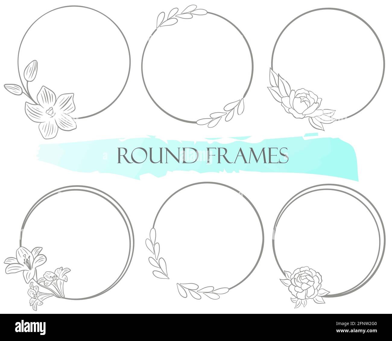 Set of simple round frames with flowers and leaves. Vector. Circular frames with floral elements ...