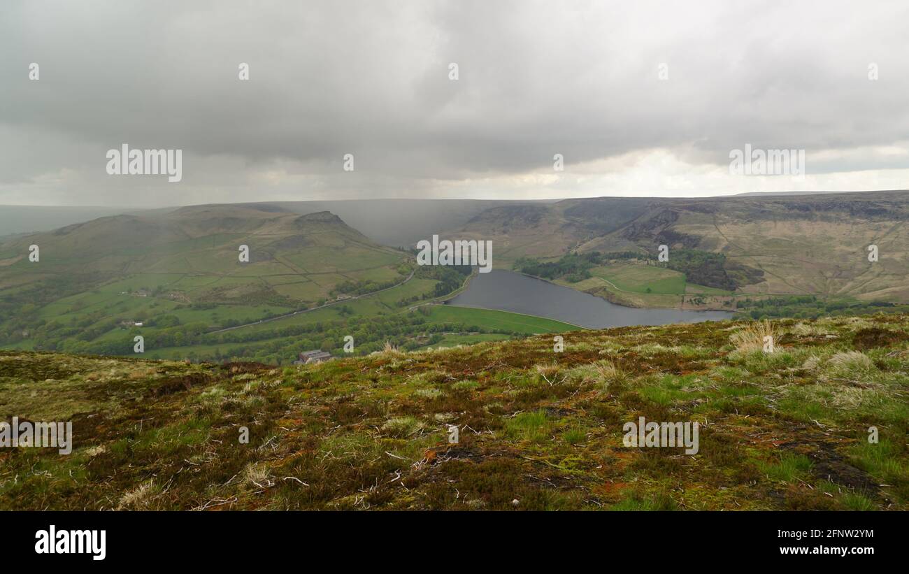 Rain falling over Chew Valley in National Peak District, United Kingdom ...