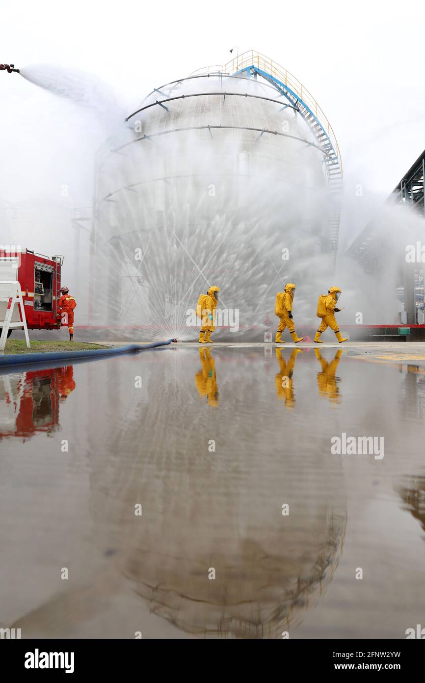 A fire drill of the leakage of butadiene spherical tank is held in ...