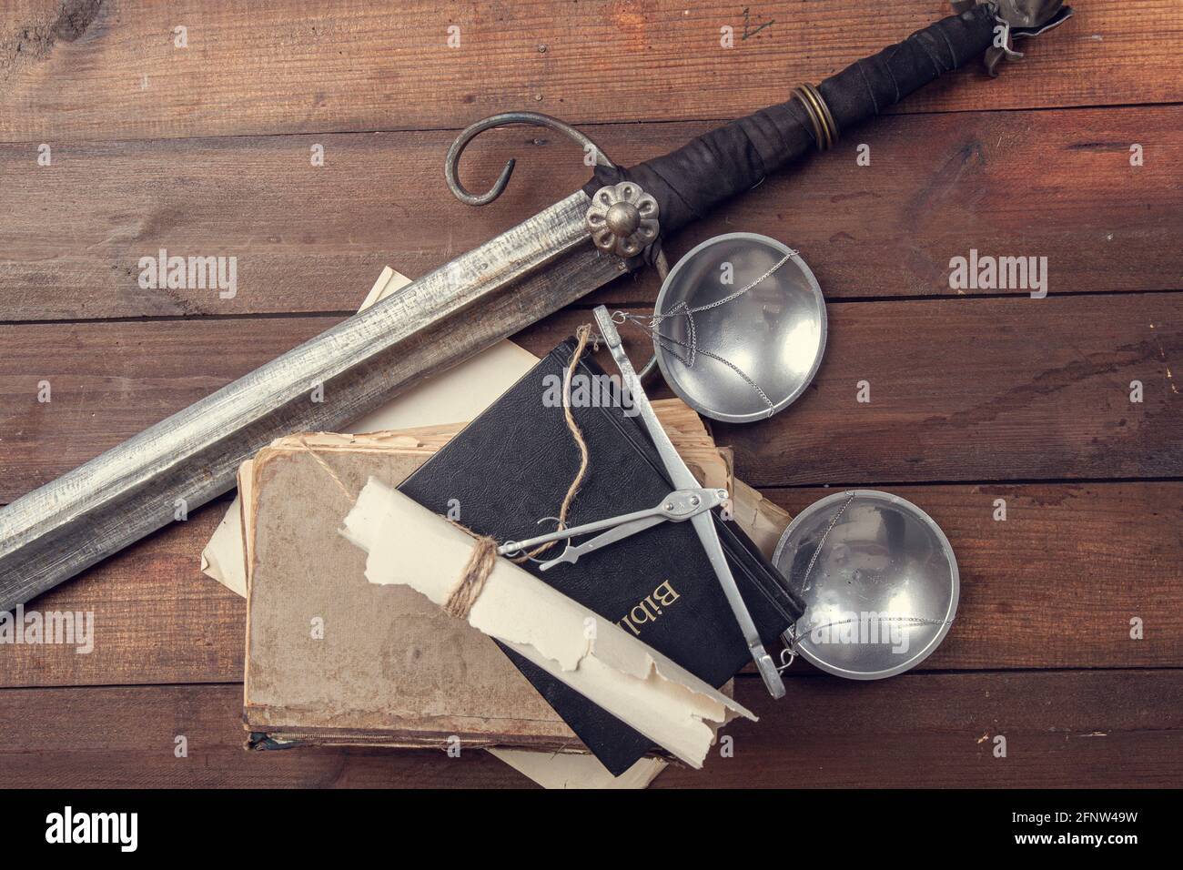 still life with the legendary attributes of justice scales and the ...
