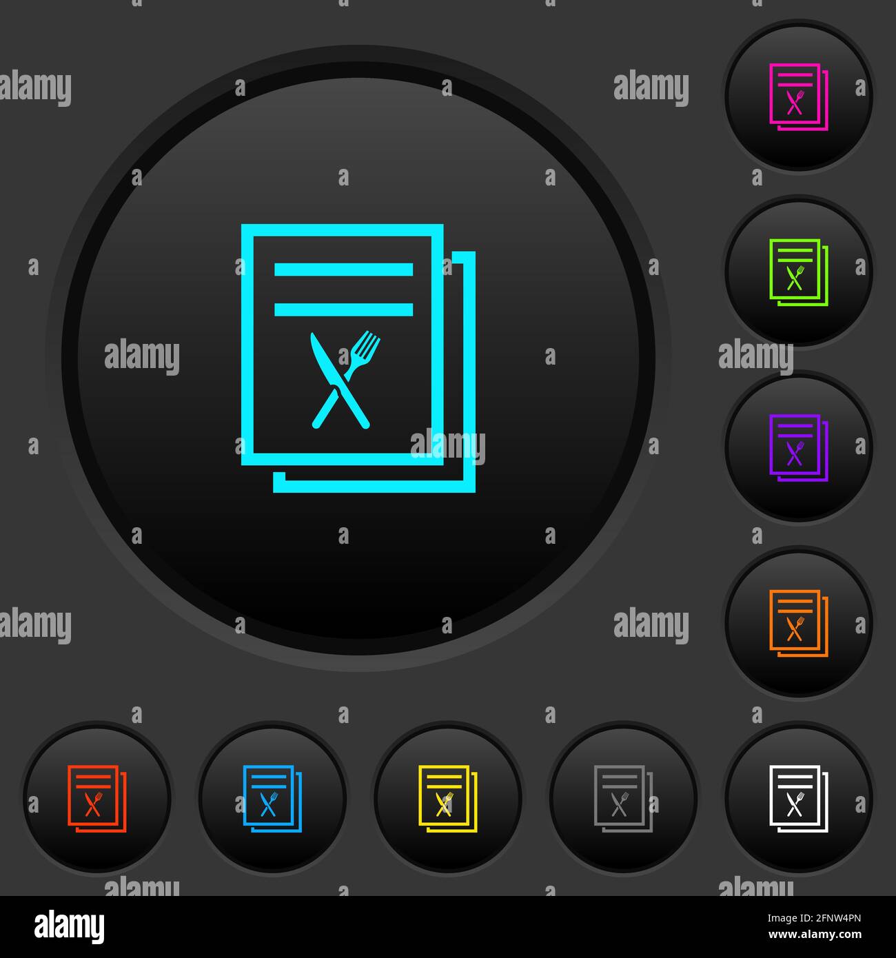 Menu dark push buttons with vivid color icons on dark grey background ...