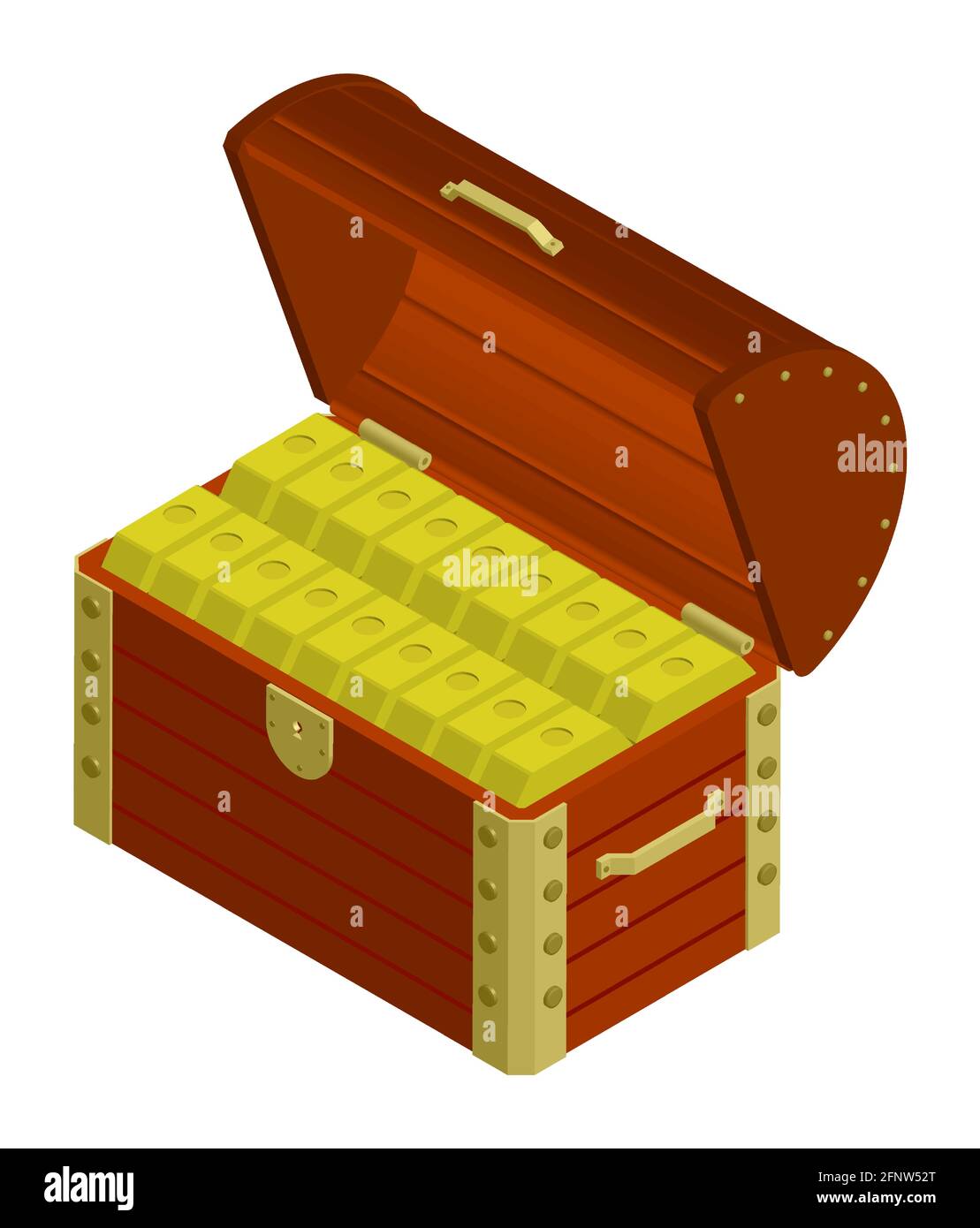 open wooden chest full of pirate treasures. Ingots of gold in chest. Success in search for ...