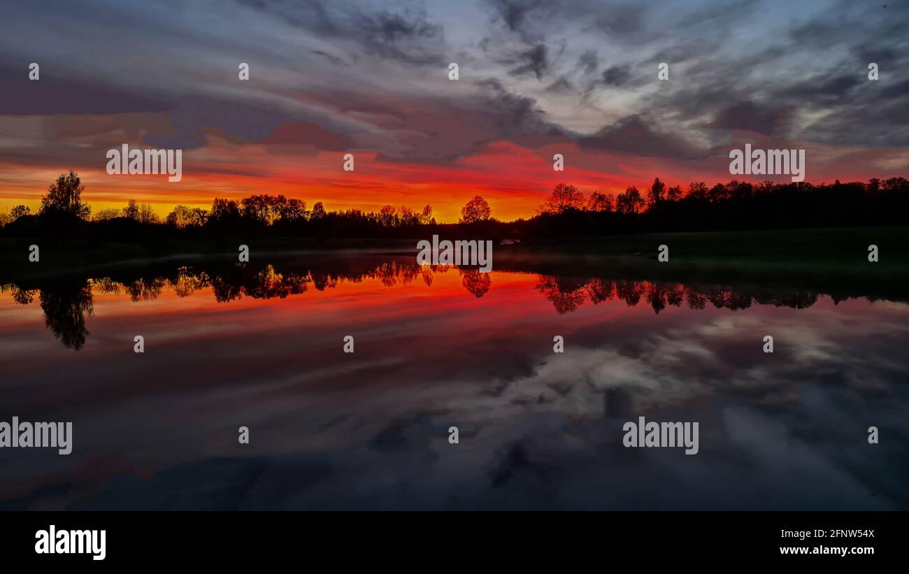 sunset at coast of the lake. Nature landscape. Nature in northern ...