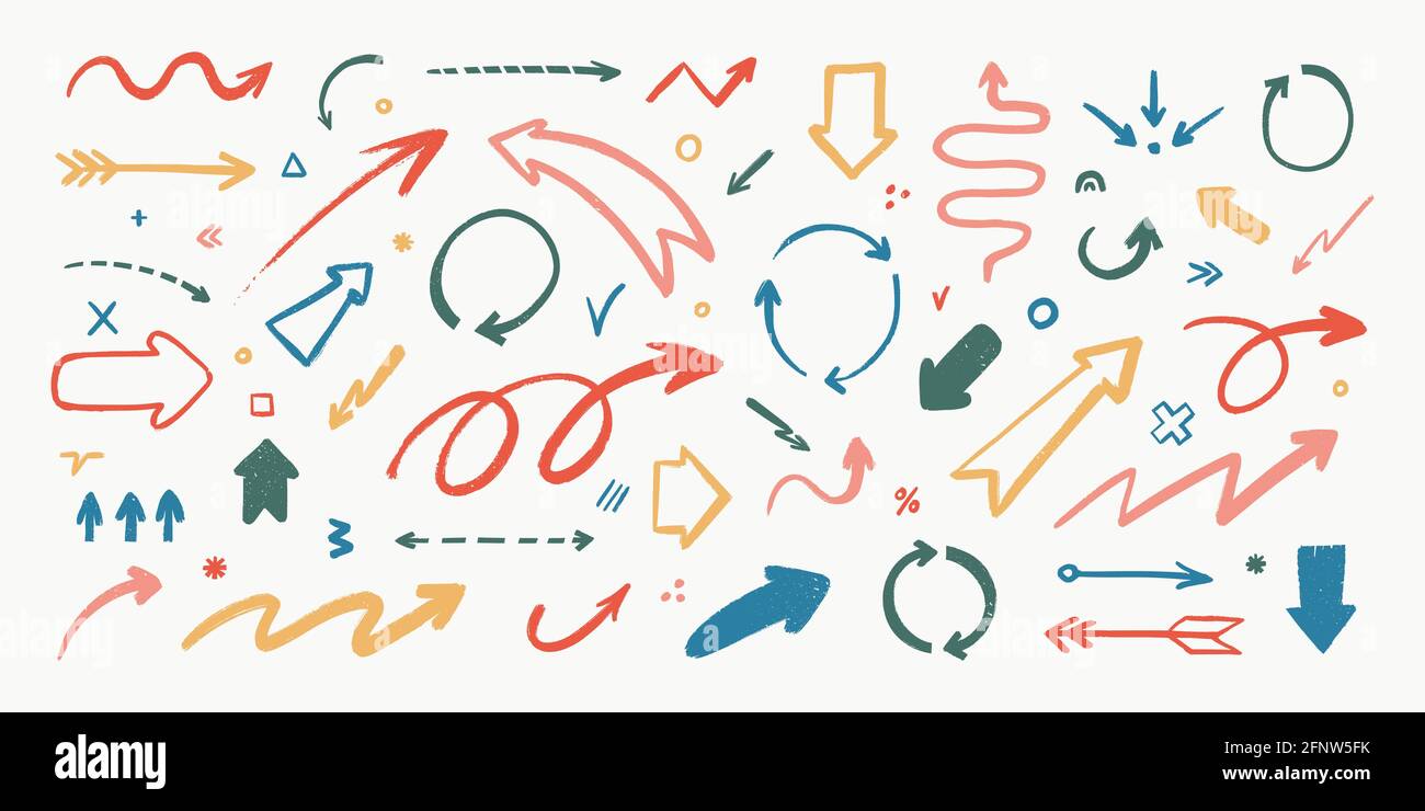 Abstract arrow icons set. Various doodle arrows in different shapes ...