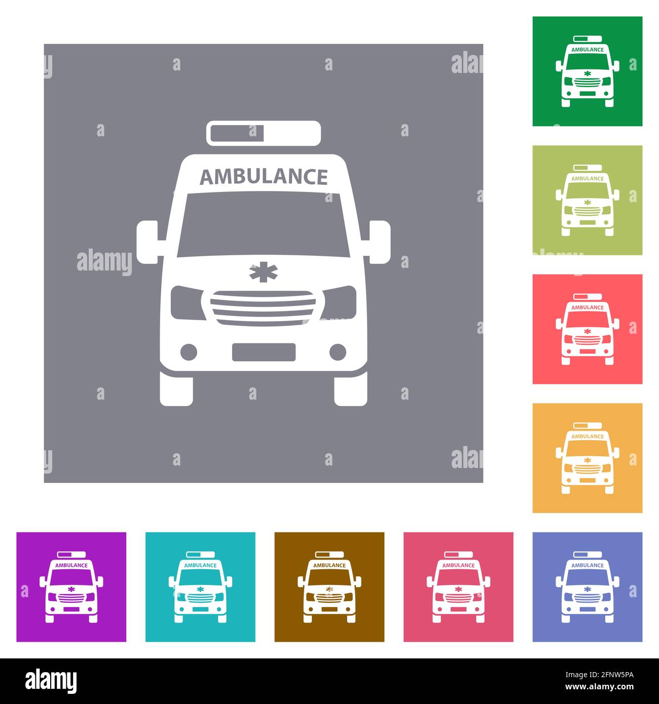 Ambulance car front view flat icons on simple color square backgrounds ...