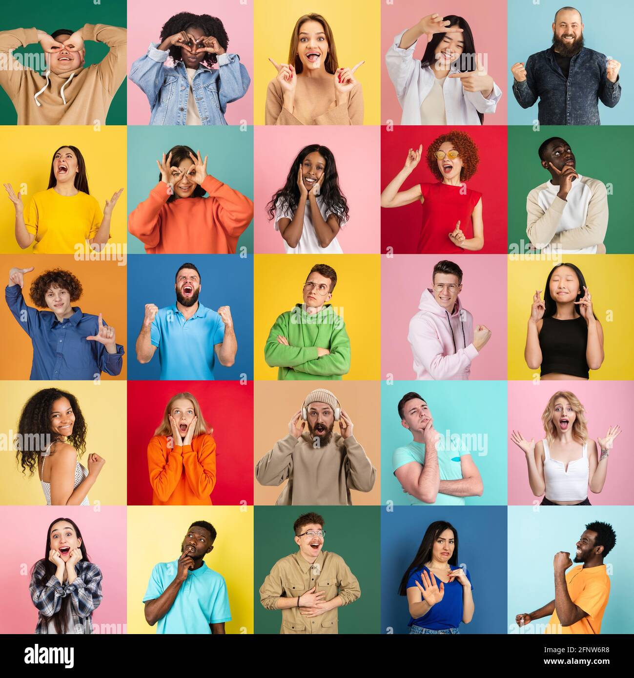 Portrait of group of people on multicolored background, collage ...