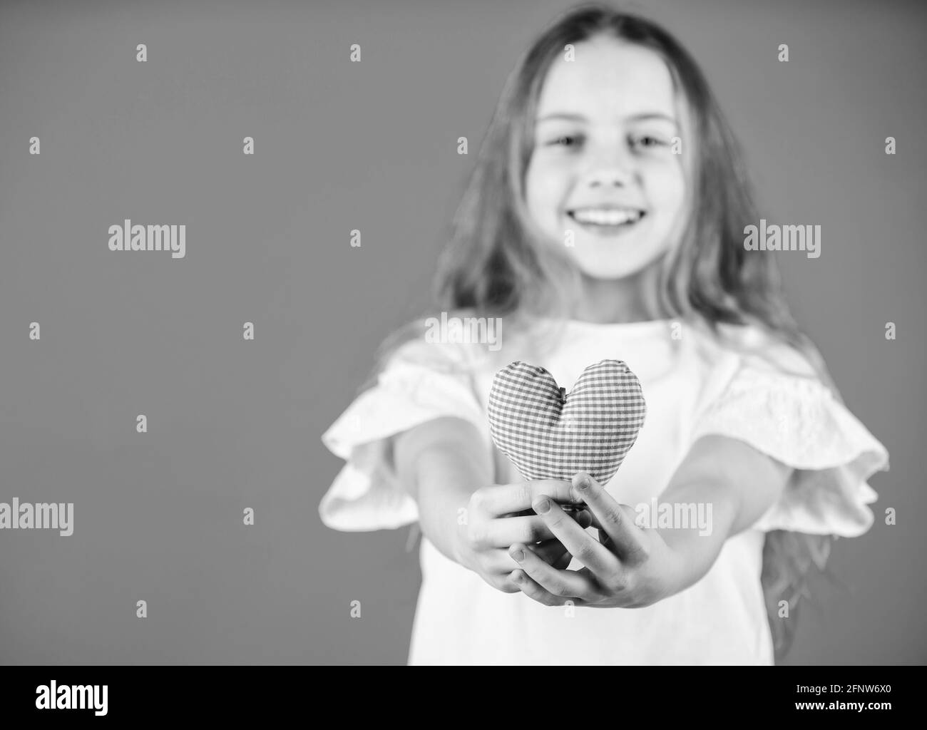 Love concept. Girl cute child show heart toy. Heart symbol of love ...
