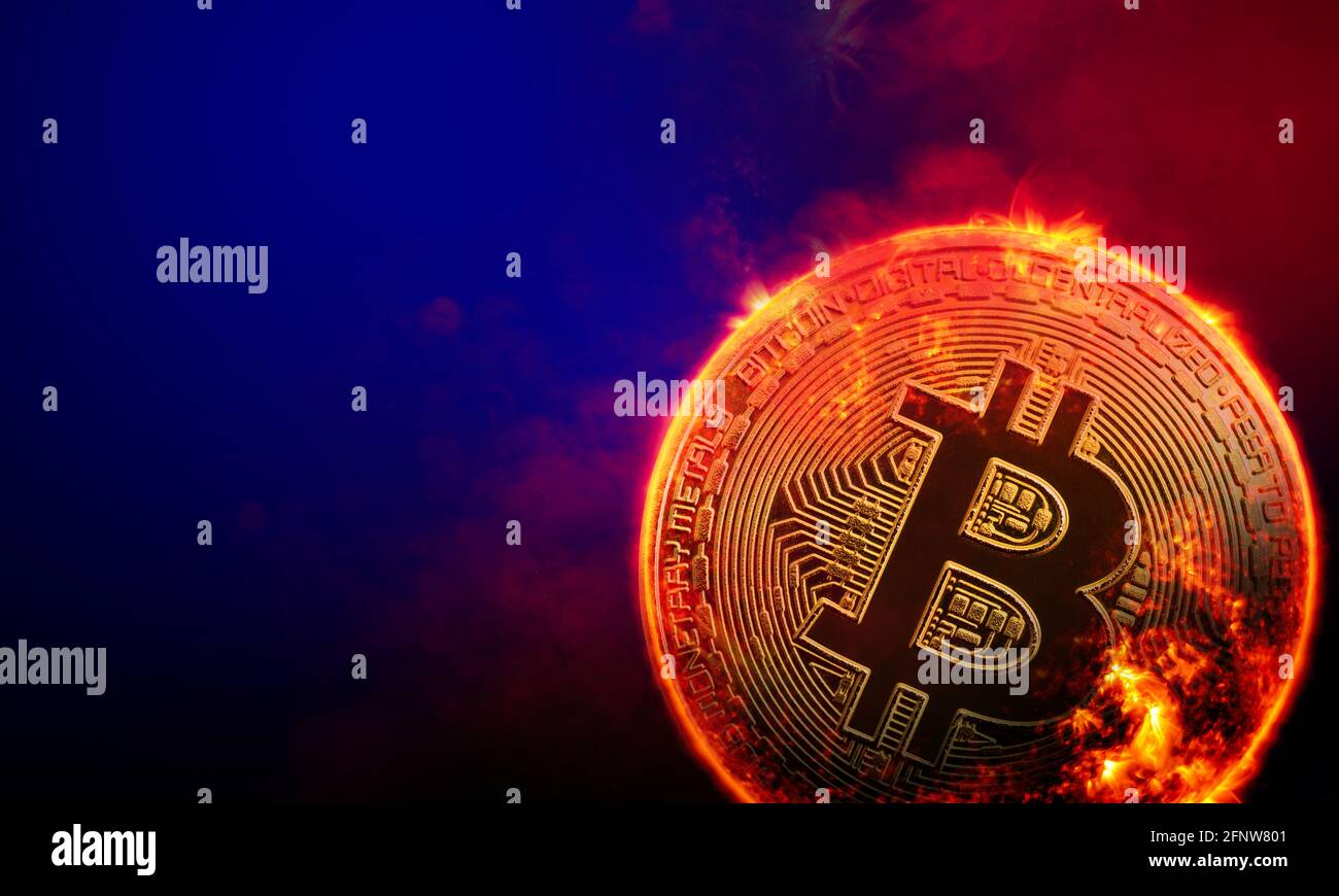Burning golden bitcoin coin in red smoke background. cryptocurrency ...