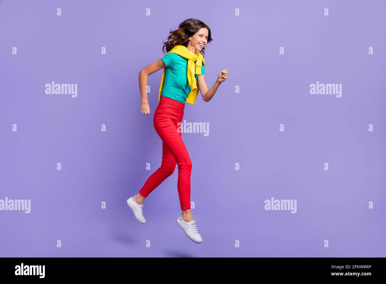 Full length body size view of pretty skinny cheerful wavy-haired girl ...