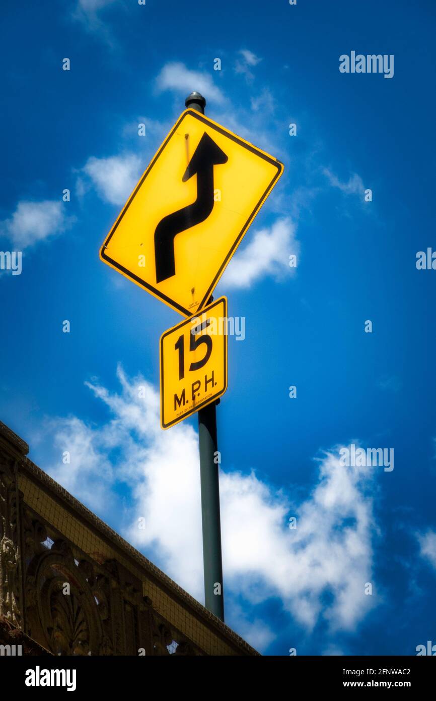 Road curve traffic sign posted on the Park Avenue viaduct in New York ...