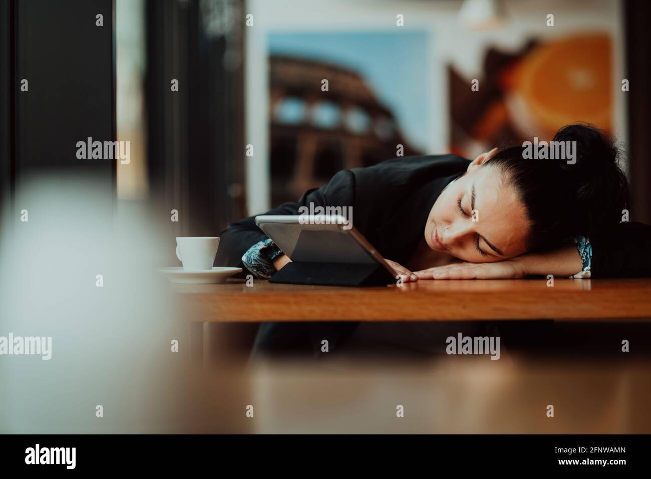 Lifestyle freelance woman he has resting sleeping after hard work long ...