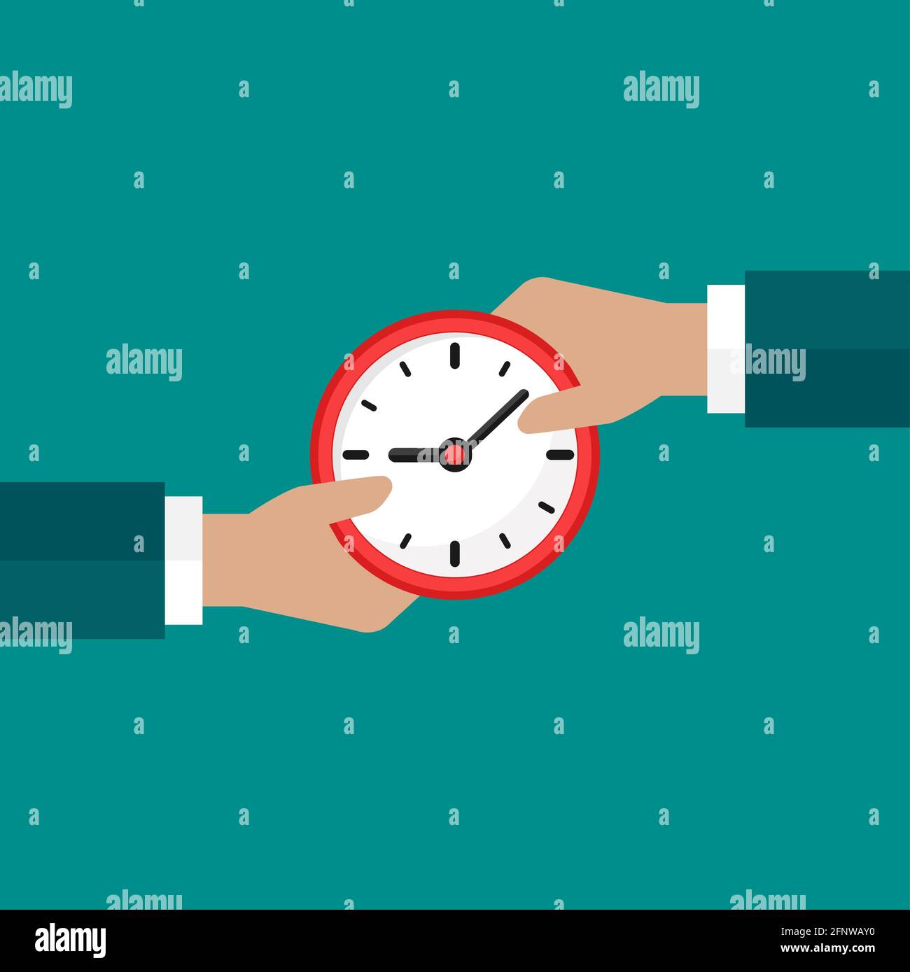 businessman hands with red clock. Vector flat illustration on blue ...