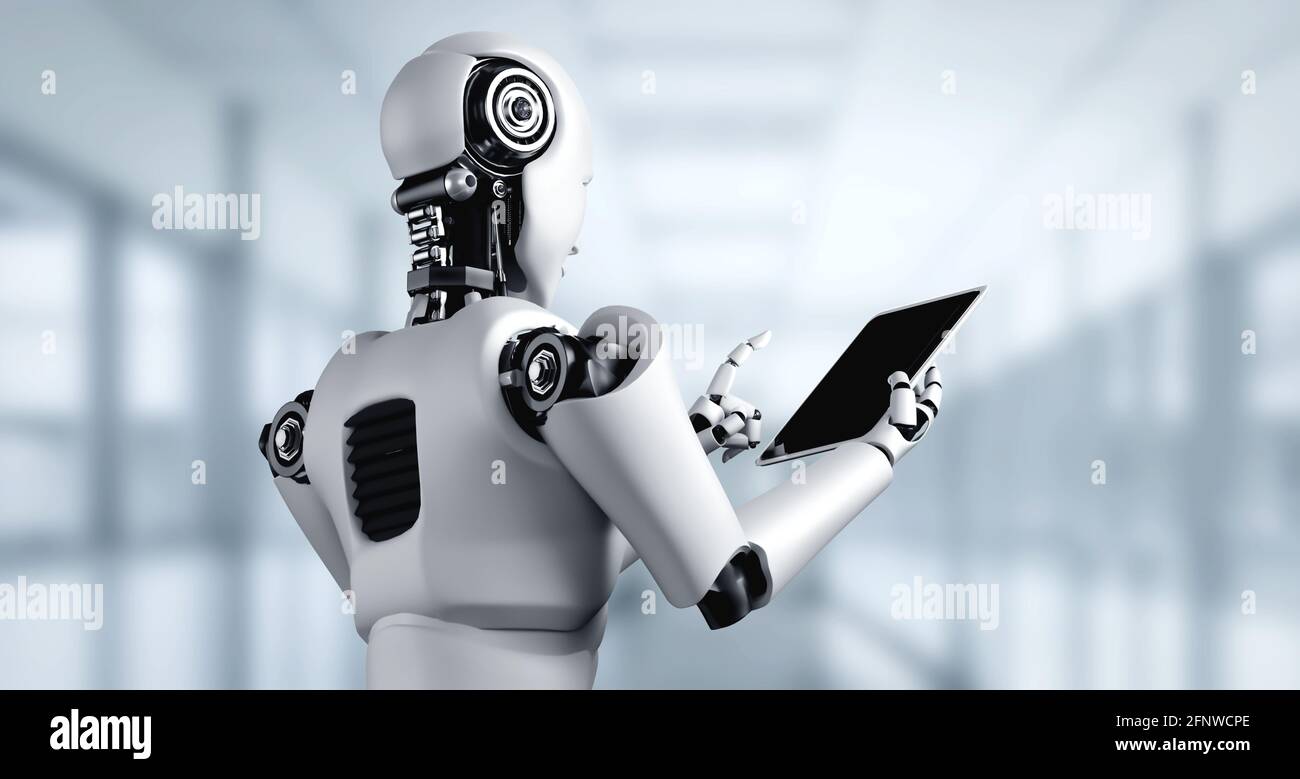 Robot humanoid using tablet computer in future office while using AI thinking brain , artificial ...