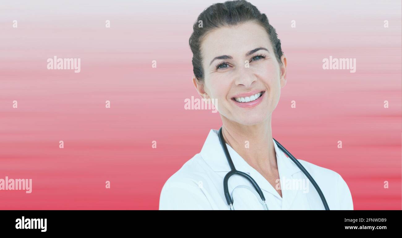 Composition of smiling female doctor with copy space on pink background ...