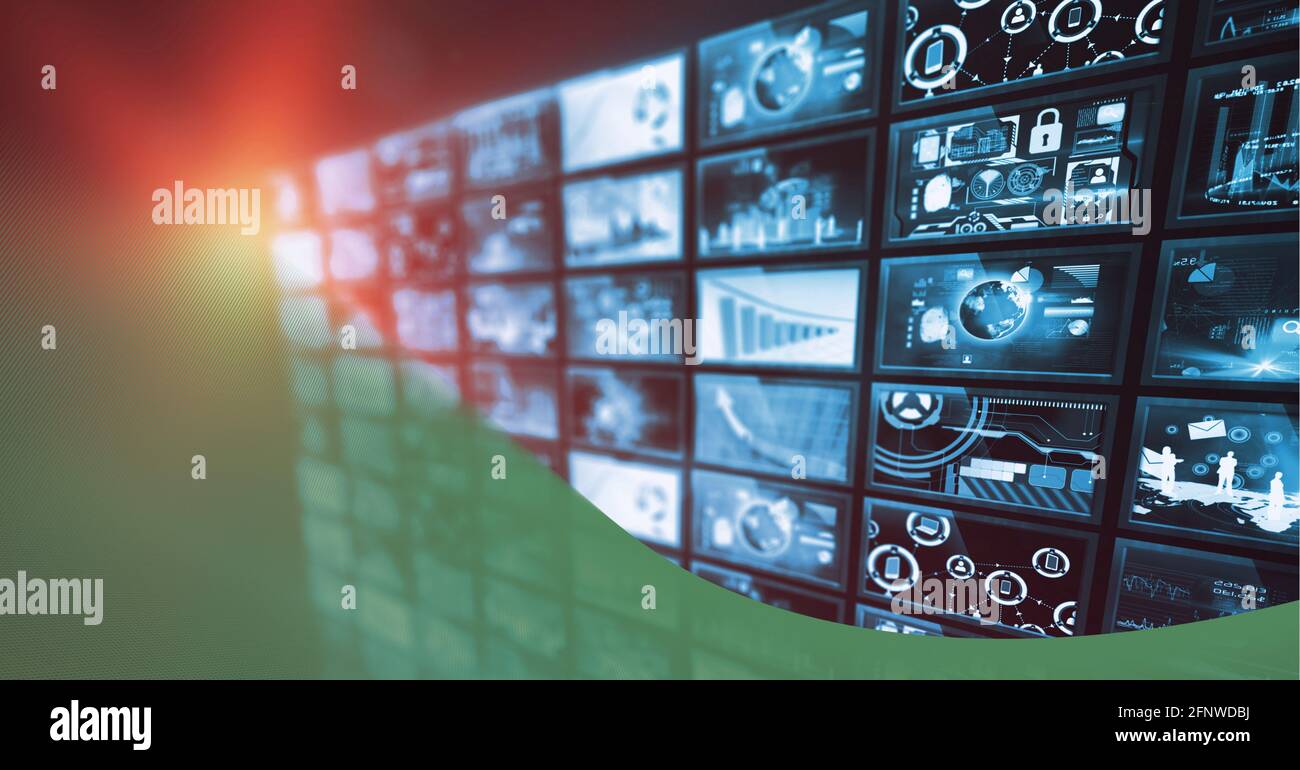 Composition of rows of digital screens with data processing with green ...