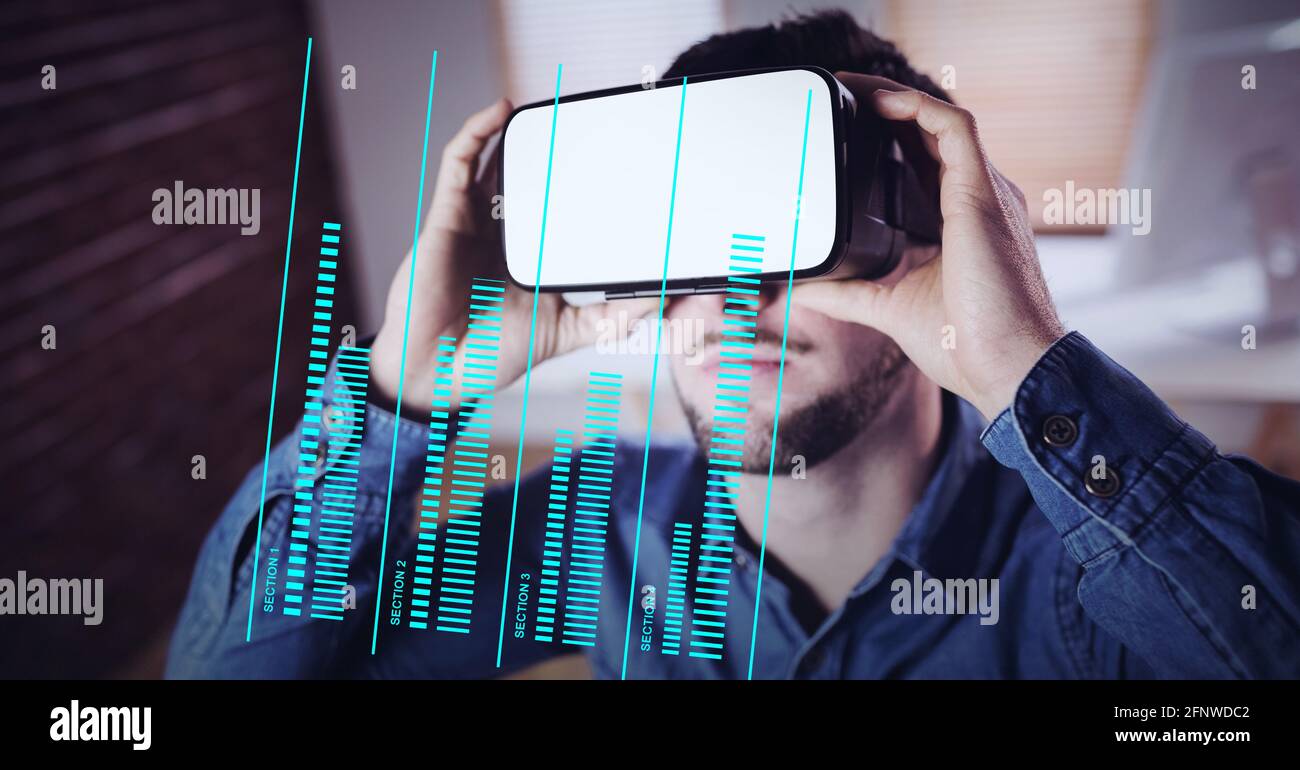 Composition of businessman wearing vr headset and data processing on ...