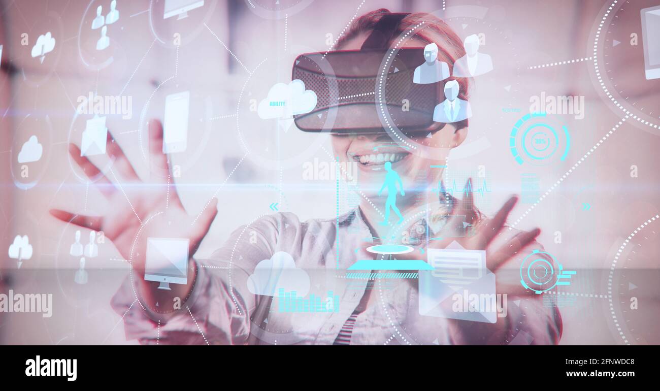Composition of smiling businesswoman wearing vr headset touching screen ...