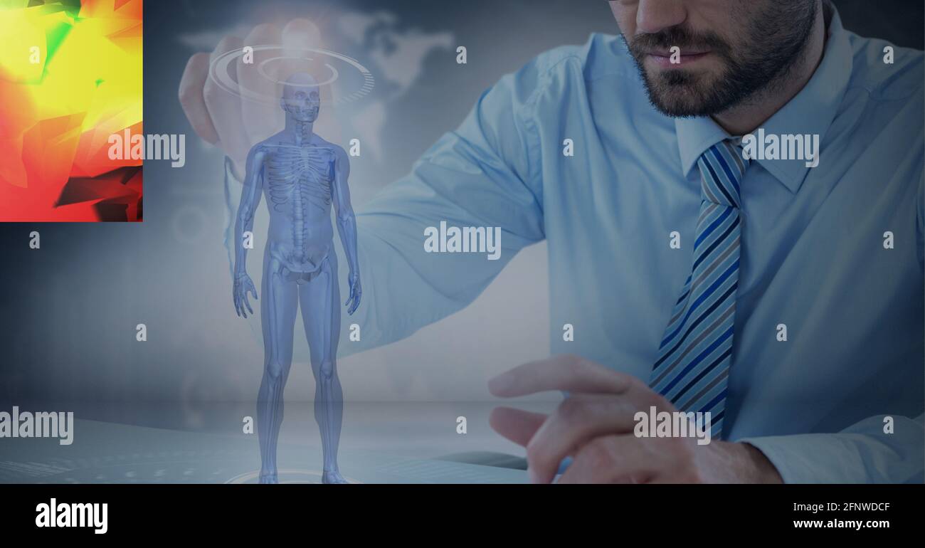 Composition of businessman touching virtual interactive human model ...