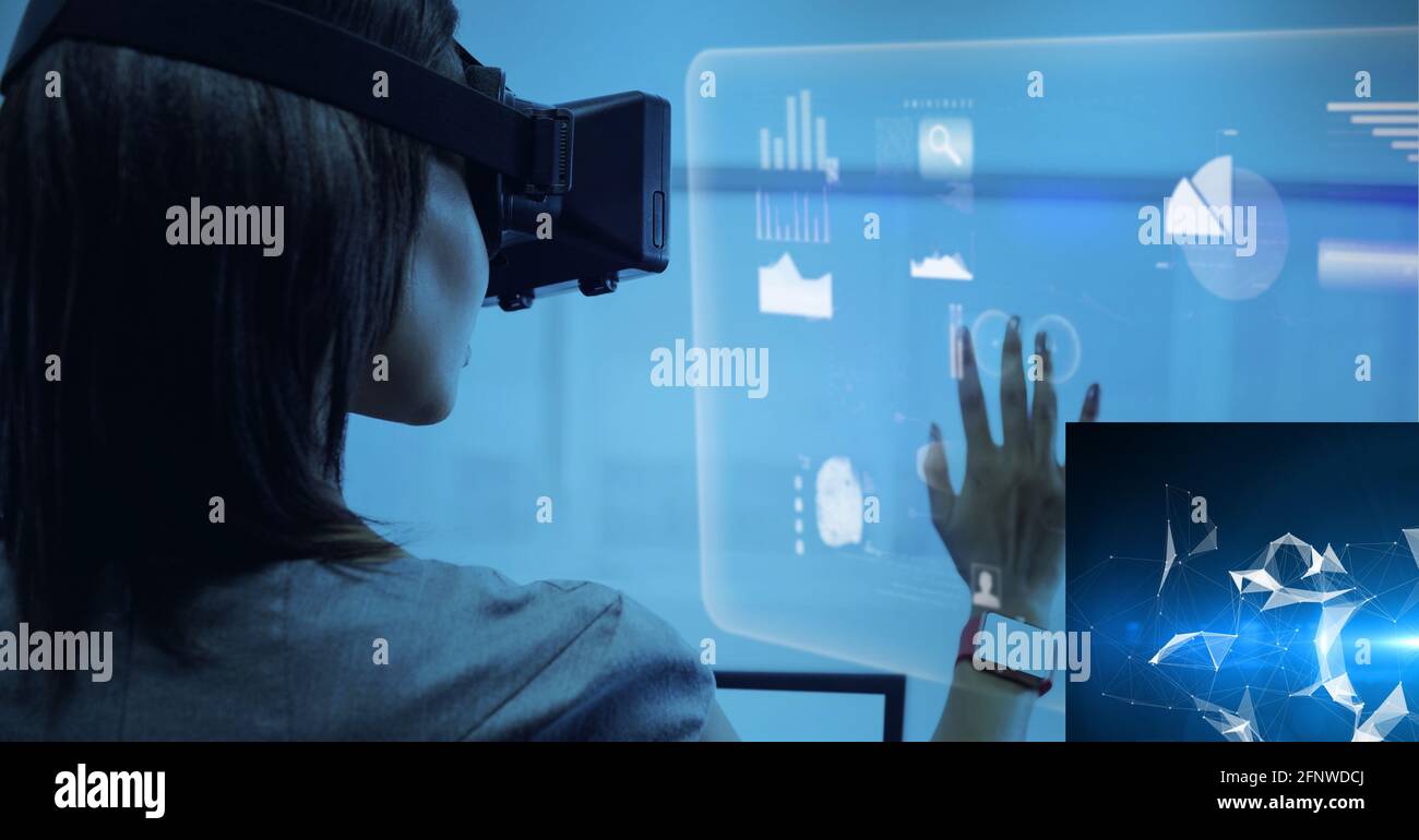 Composition of businesswoman wearing vr headset touching interactive ...