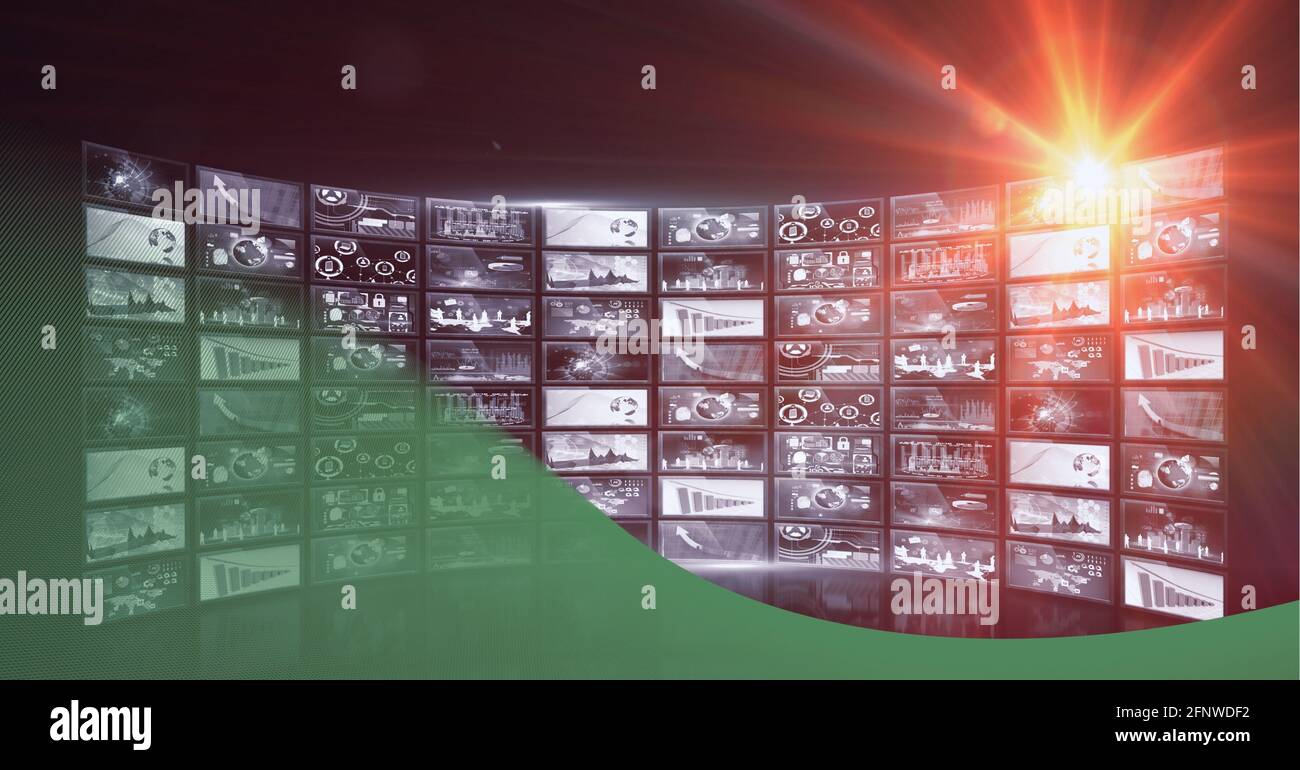Composition of rows of digital screens with data processing with green ...