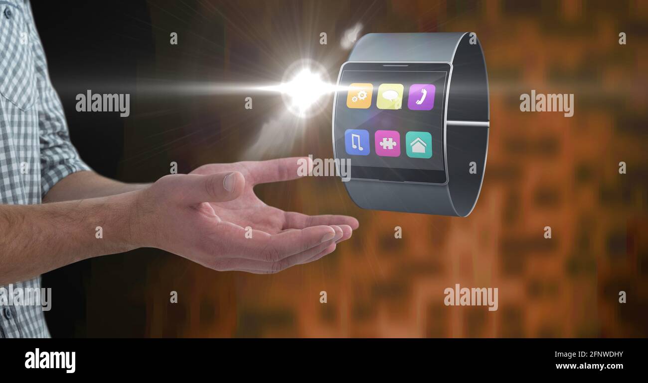 Composition of electronic band with digital icons over man's hands ...