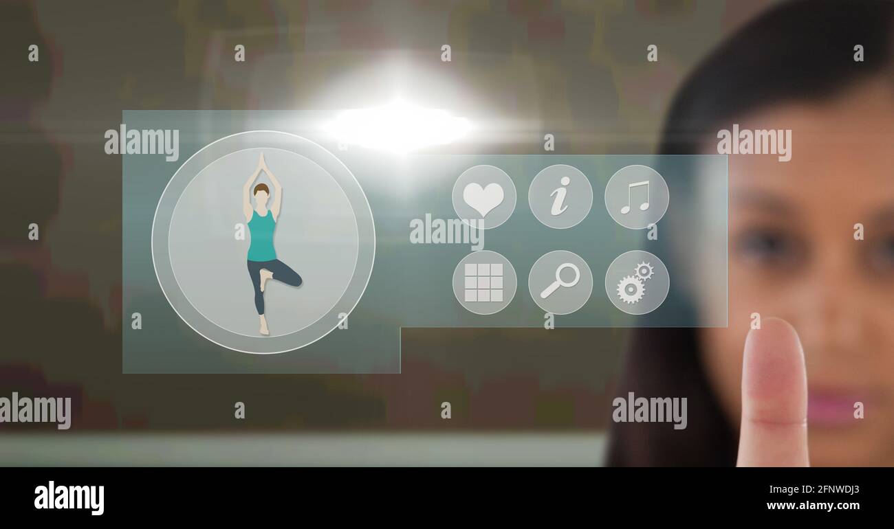 Composition of woman using interface touchscreen with health and media ...