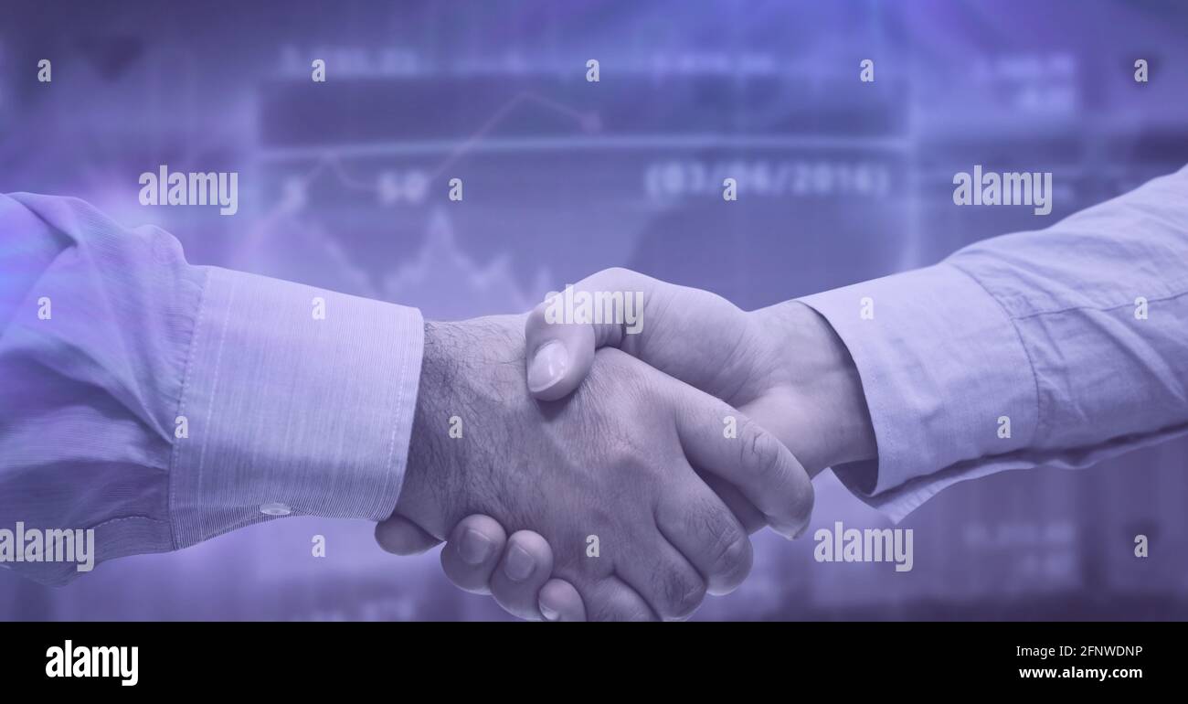 Composition of businessmen shaking hands over financial data on purple ...