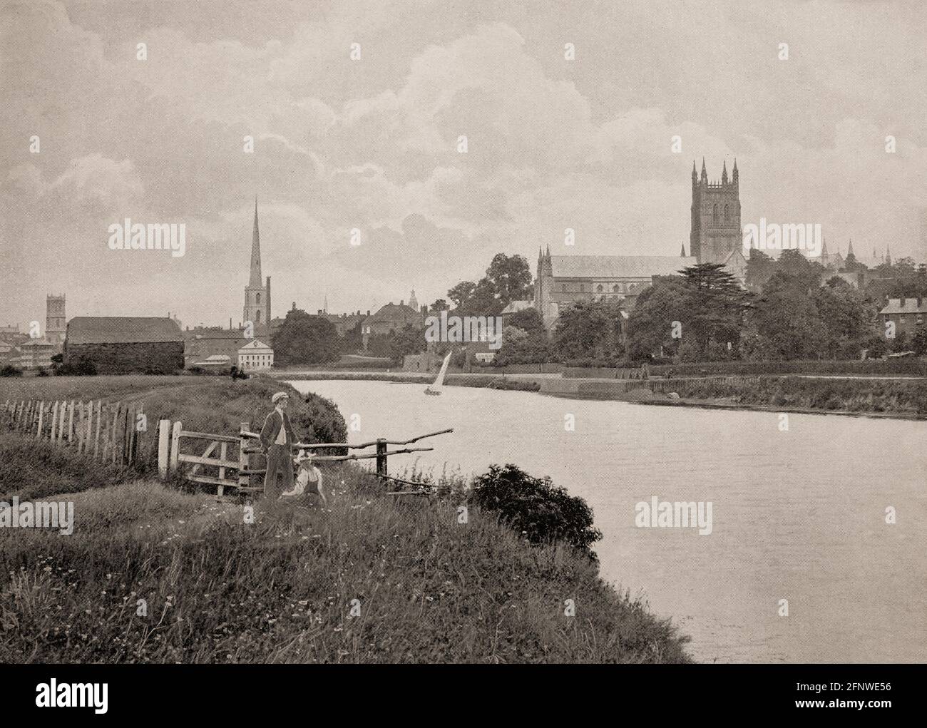 A late 19th Century view of the River Severn as it passes Worcester ...