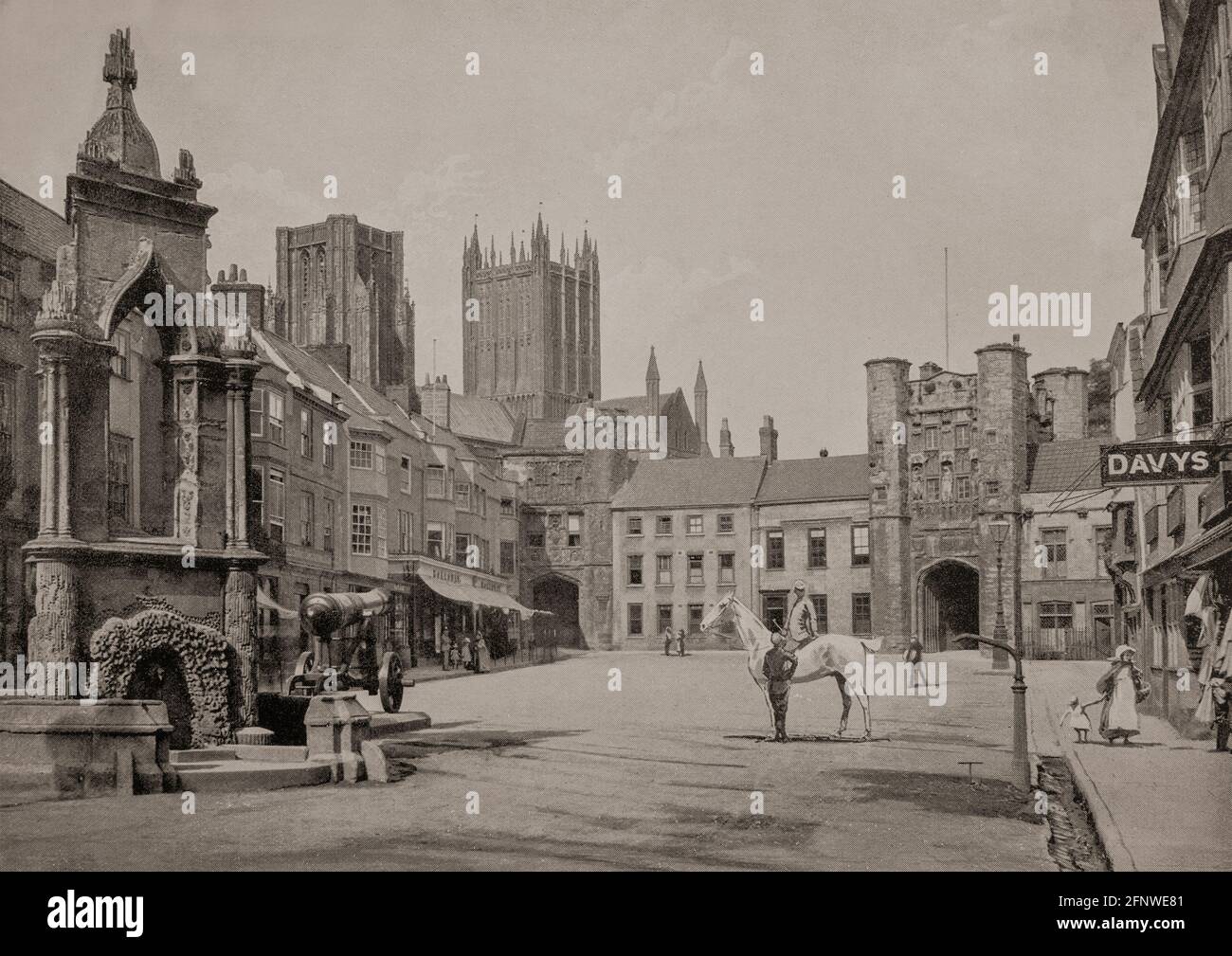 A late 19th Century view of the Market Place in Wells, a city in the ...