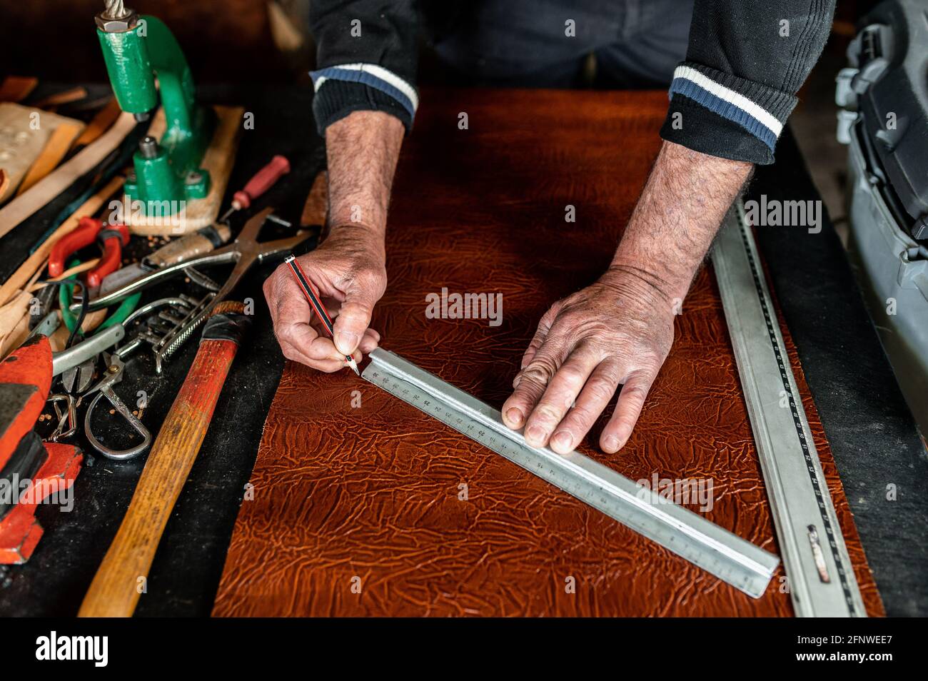 Unrecognizable senior craftsman measuring with ruler a piece of genuine ...