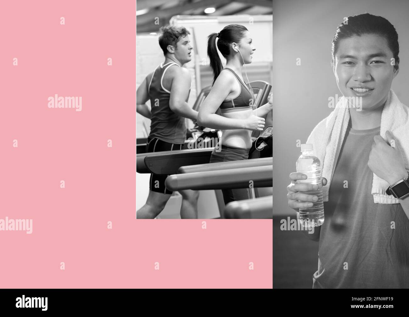 Composition of two photographs with people working out running and copy ...