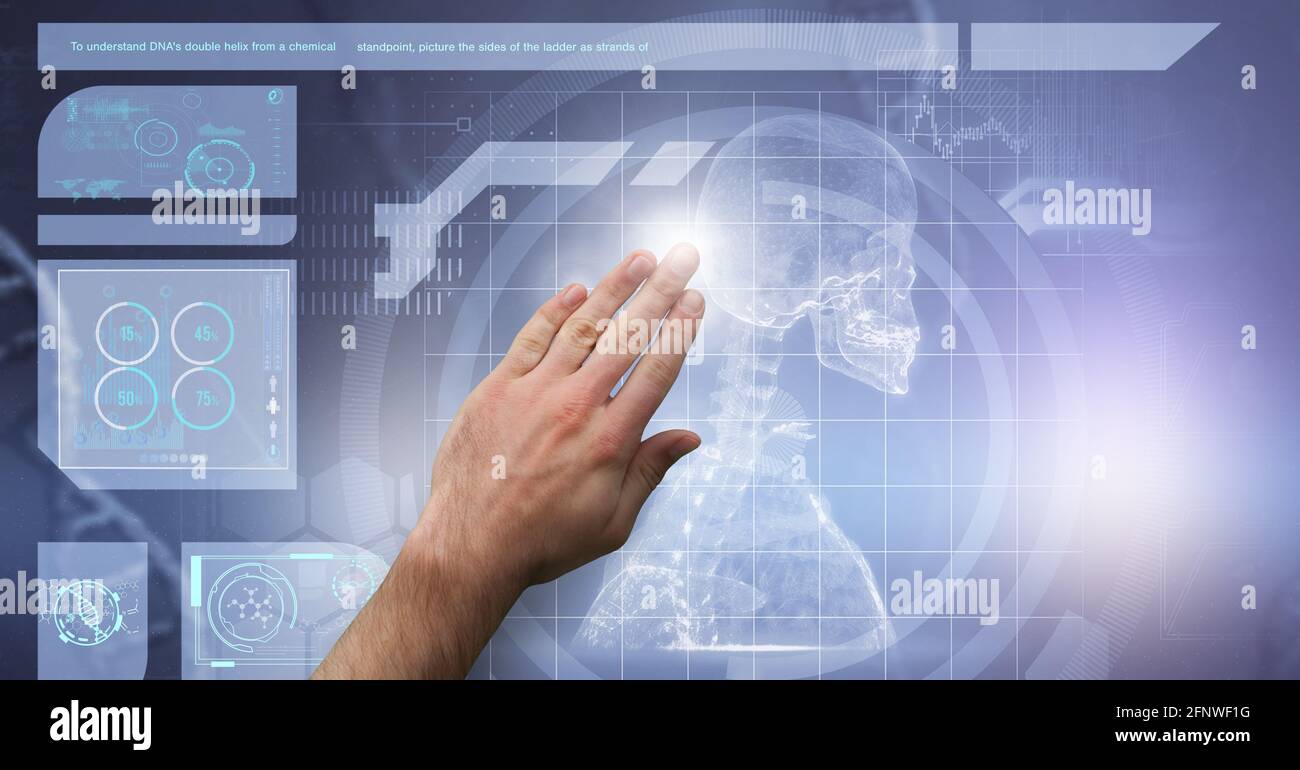 Composition of man touching screen with human skeleton and medical data ...