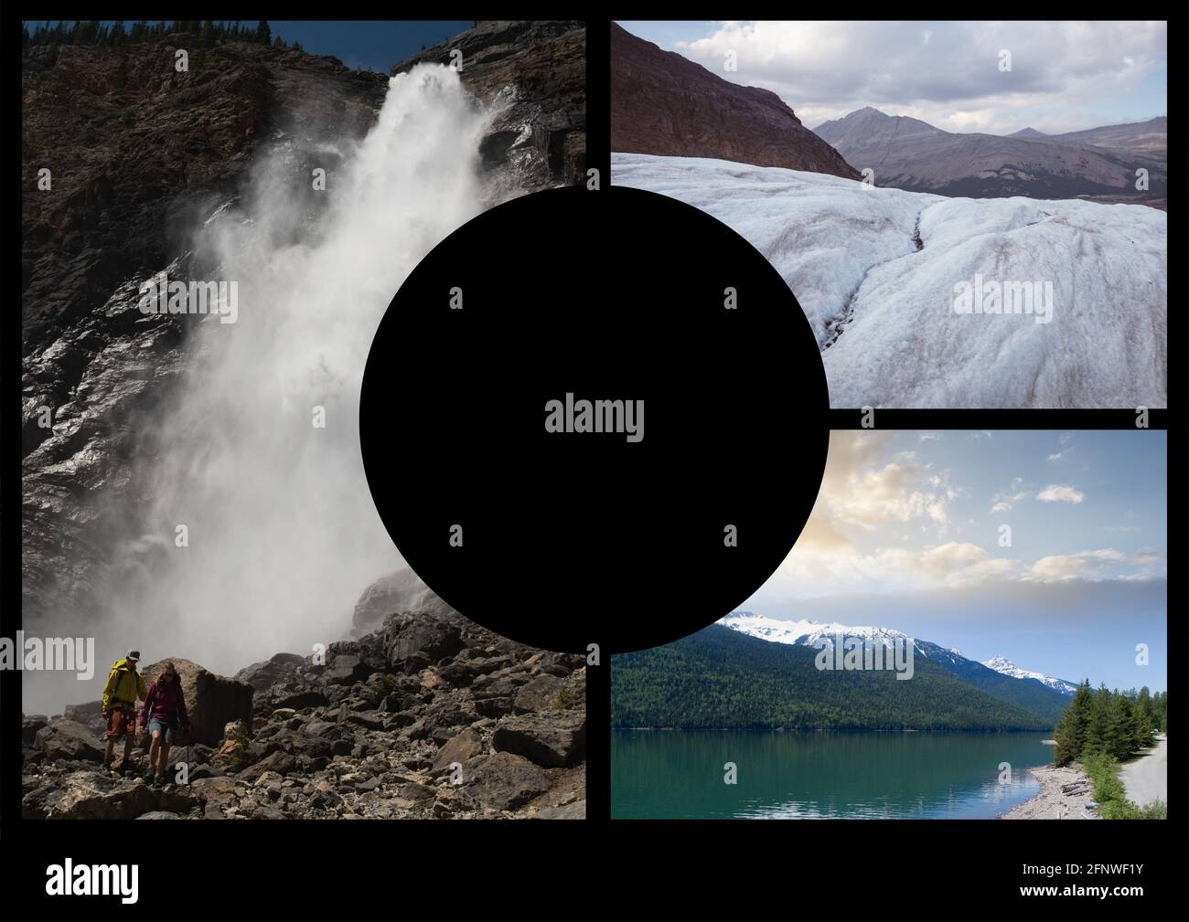 Composition of nature photographs with copy space on black circle Stock ...