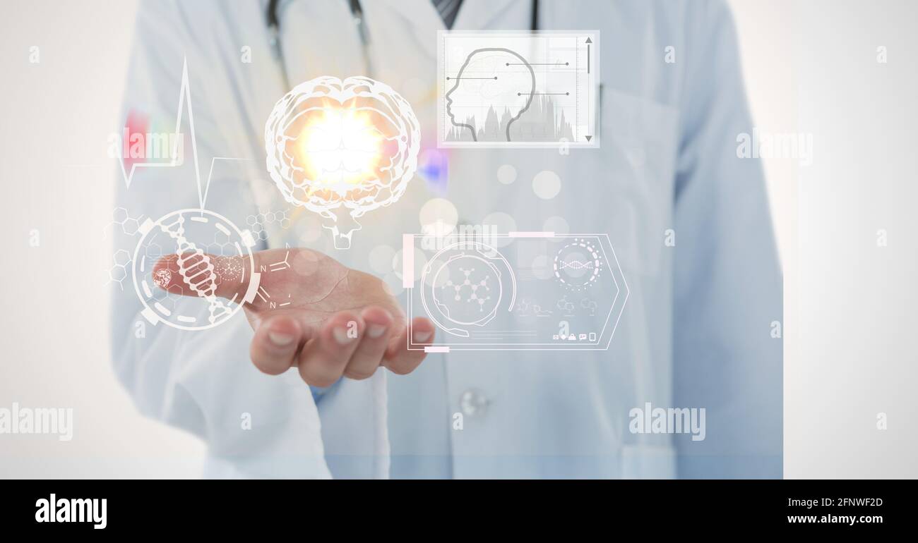 Composition of male doctor holding screen with medical data processing ...