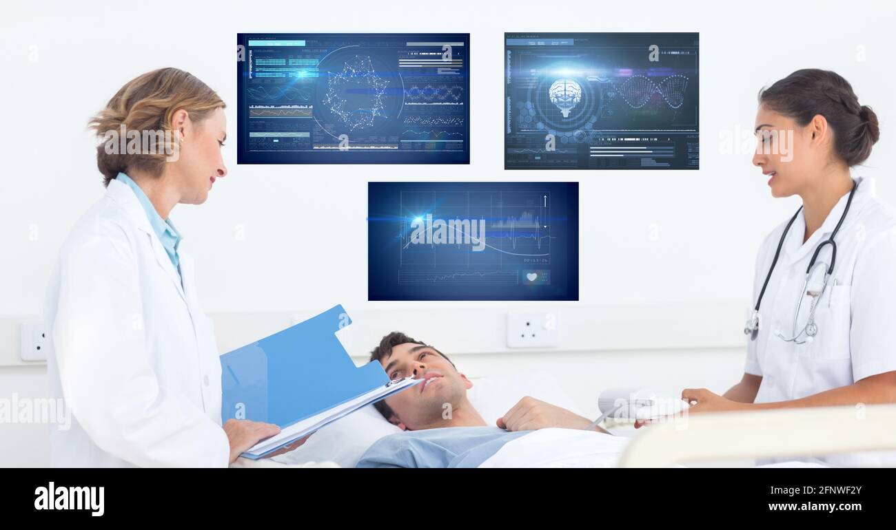 Composition of female doctors and male patient, screens with medical ...
