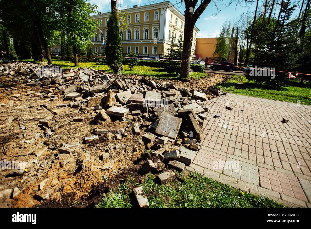 a warning ribbon prohibits passage. cordon tape around the dangerous ...