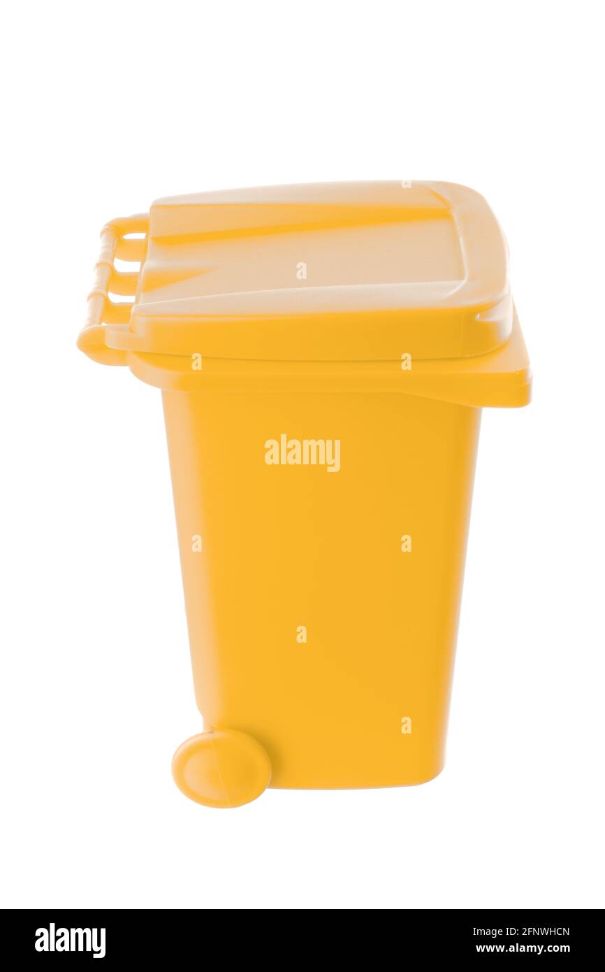 Plastic yellow trash can isolated on white background Stock Photo - Alamy